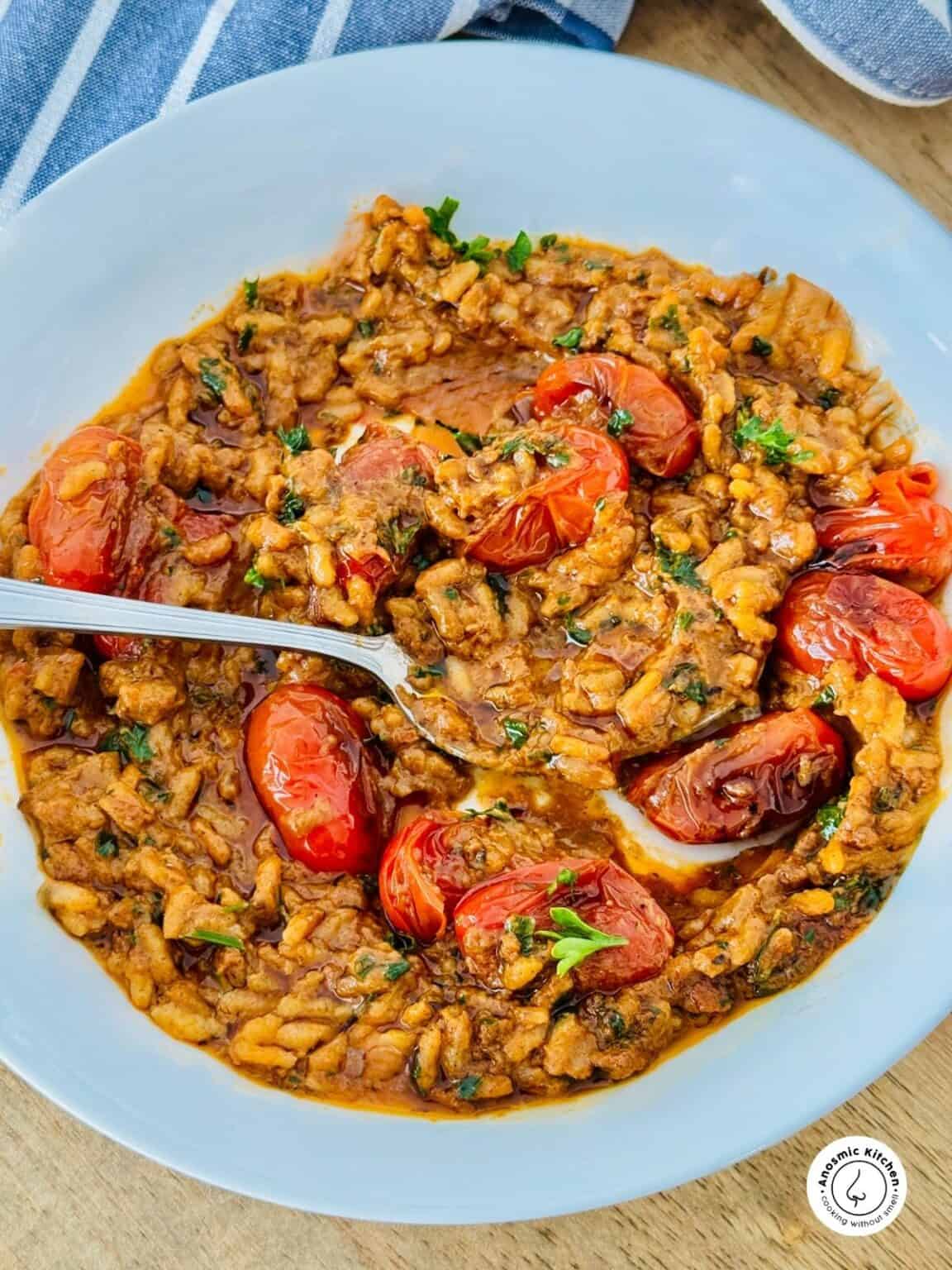 Creamy Tomato & Beef Baked Risotto with Mozzarella